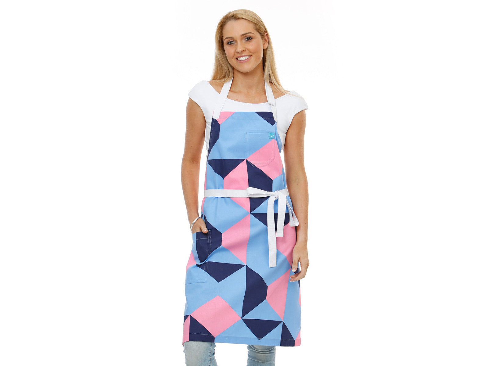 Ballymore Apron (Blue, navy and pink geometric print) – Nice Aprons
